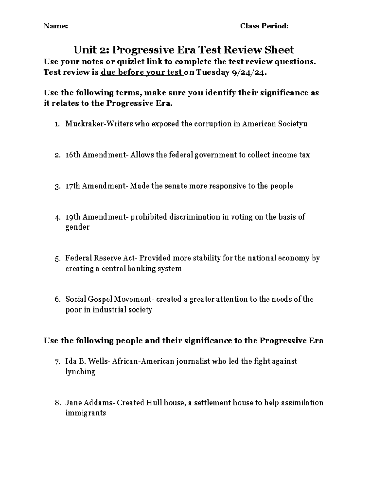 Copy of Unit 2 Progressive Era Test Review Sheet - Unit 2: Progressive ...