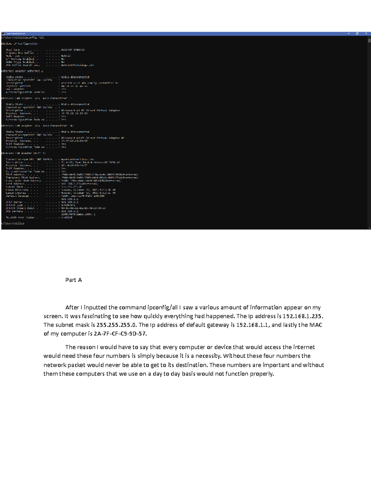 Module 05 Ch5 Hands-on Activity - Using TCP-IP - Part A After I inputted the command ipconfig ...