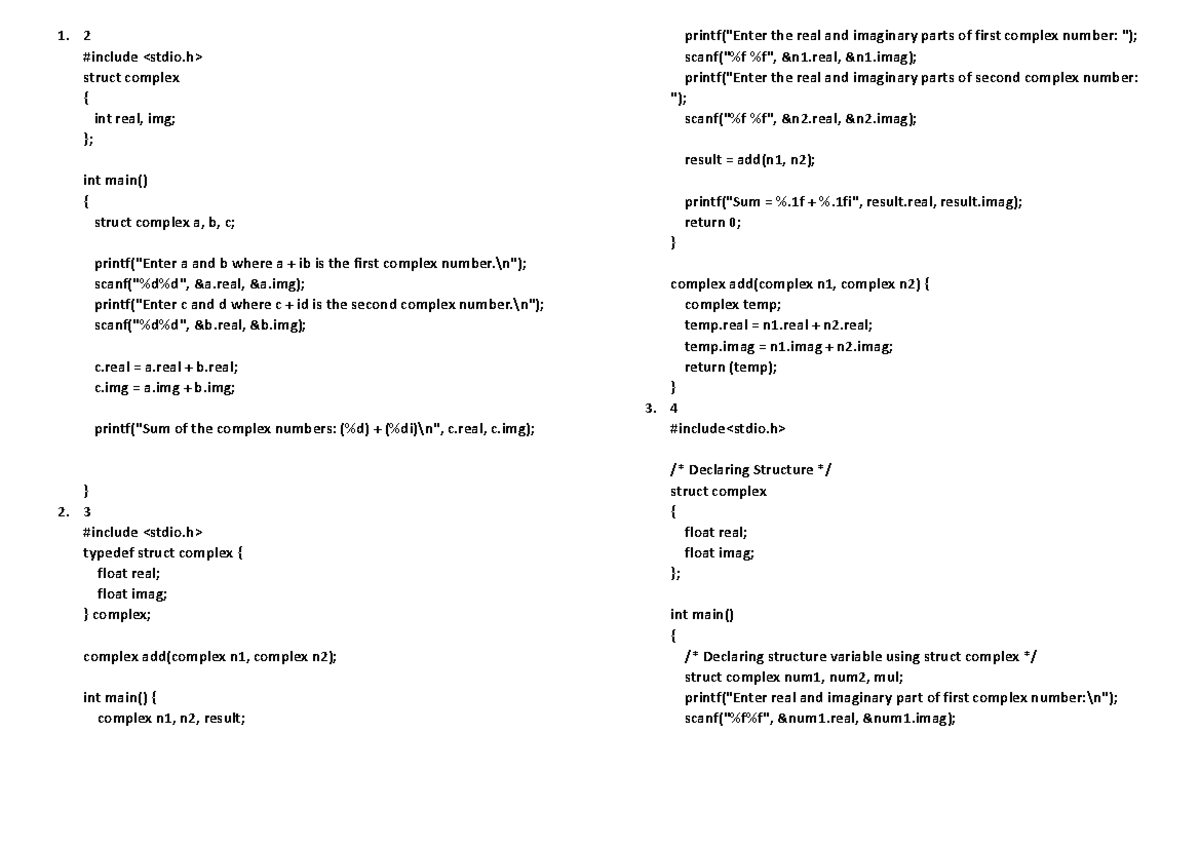 Lab 6 - 1. 2 #include struct complex { int real, img; }; int main() { struct complex - Studocu