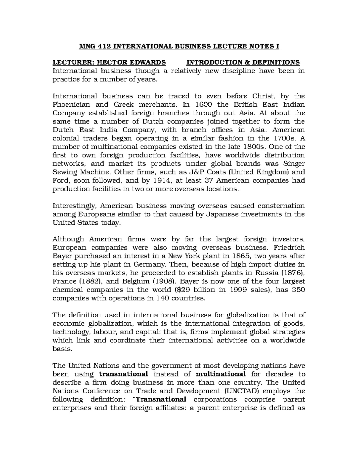 Mng 412 lecture notes i1 - MNG 412 INTERNATIONAL BUSINESS LECTURE NOTES ...