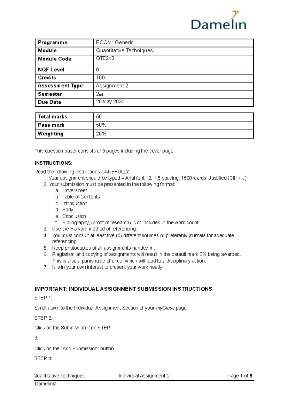Quantitative Techniques Assignment 2 - Quantitative Techniques Individual Assignment 2 Page 1 of ...