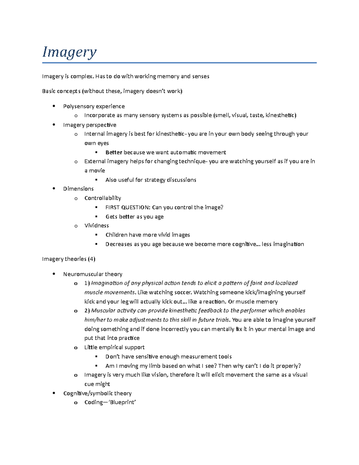 Lecture notes, lectures 1 - 10 - Advanced sport psychology - Imagery ...