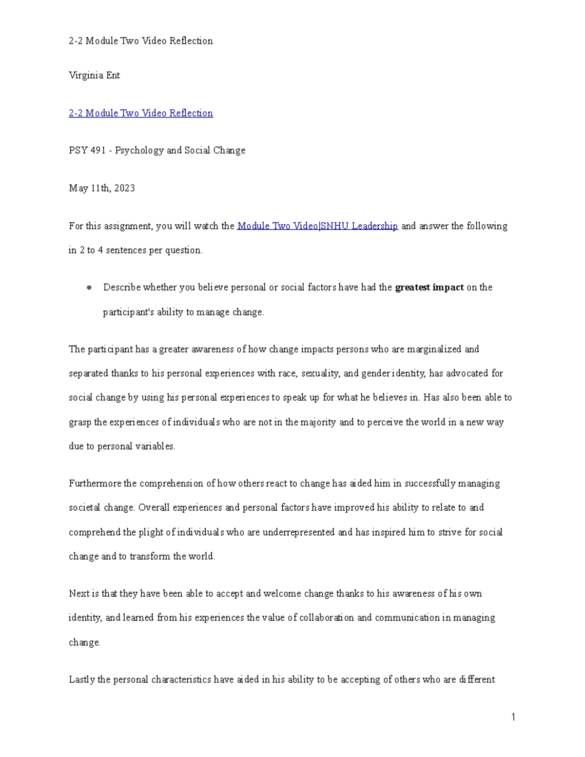 PSY 491 2-2 Module Two Video Reflection Assignment - 2-2 Module Two Video Reflection Virginia ...