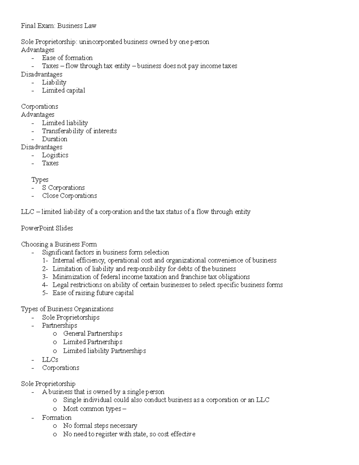 Business law final exam - Final Exam: Business Law Sole Proprietorship ...
