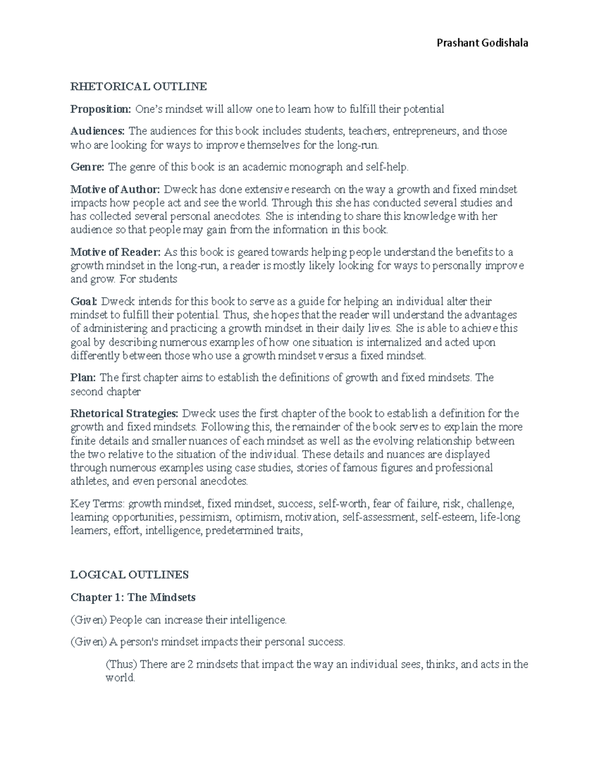 Mindset Outline (Ch 1-2) - Prashant Godishala RHETORICAL OUTLINE ...