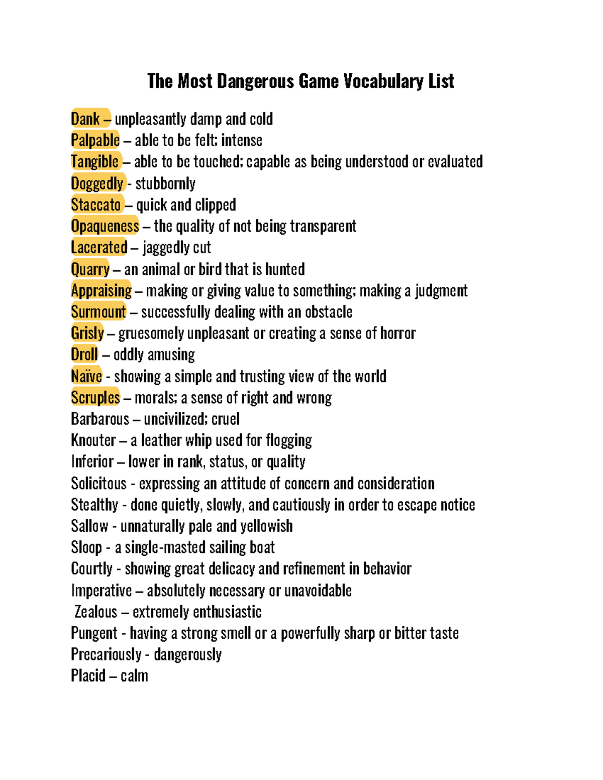 The Most Dangerous Game Vocabulary List - Studocu
