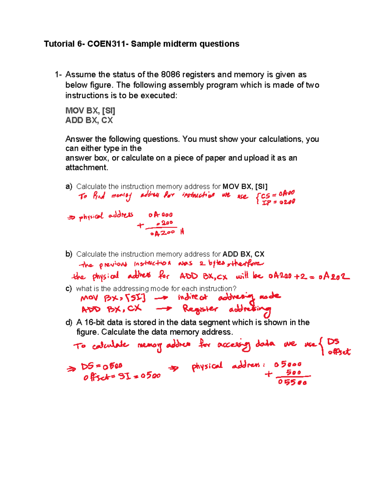 Tutorial 6 Sample midterm - Tutorial 6- COEN311- Sample midterm questions 1- Assume the status ...
