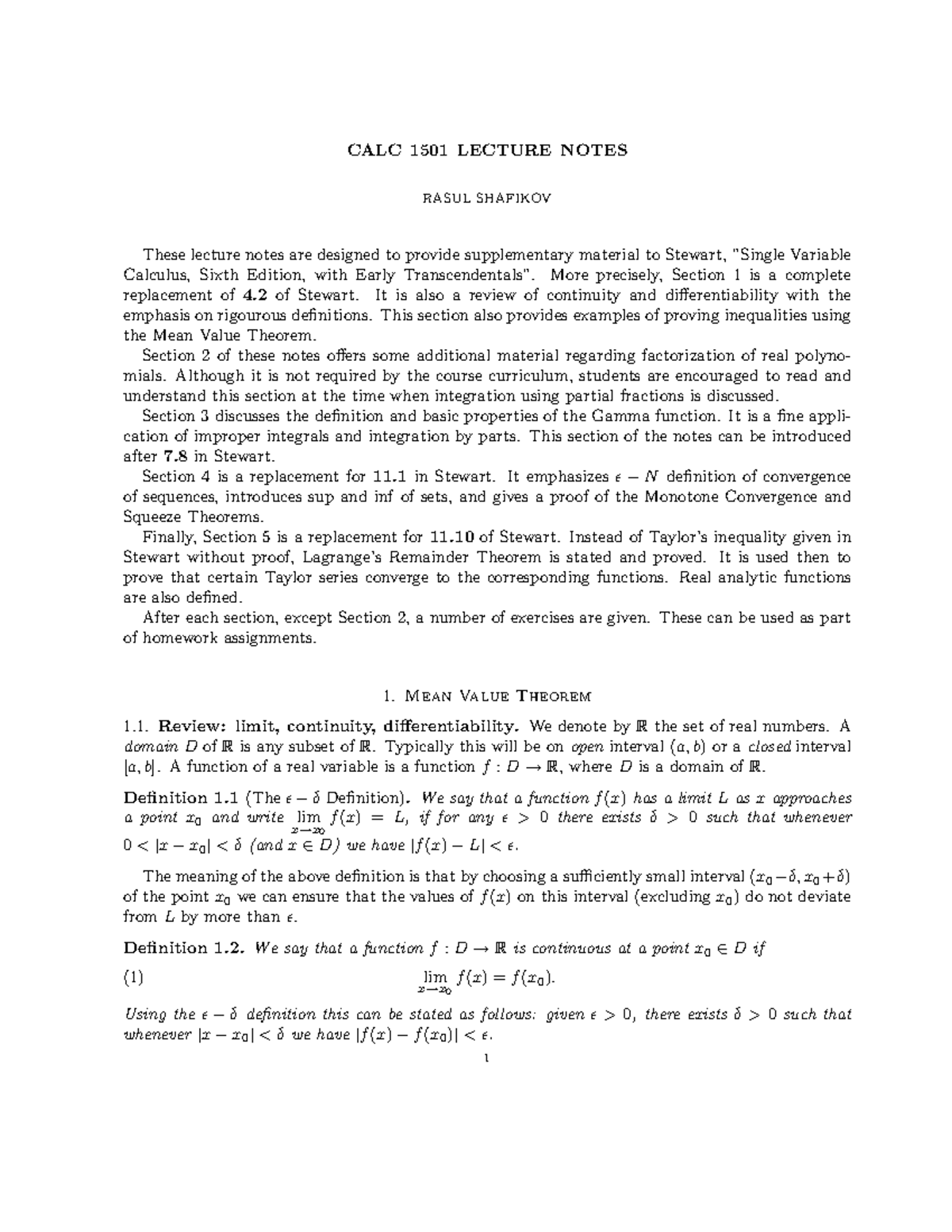Calc1501notes - Lec Notes - CALC 1501 LECTURE NOTES RASUL SHAFIKOV ...