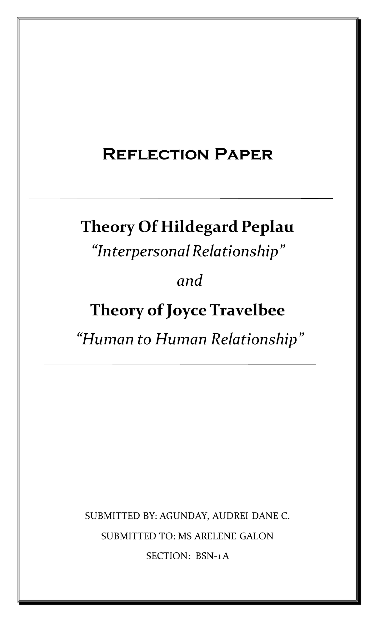 TFN - Reflection Paper Theory Of Hildegard Peplau “Interpersonal ...