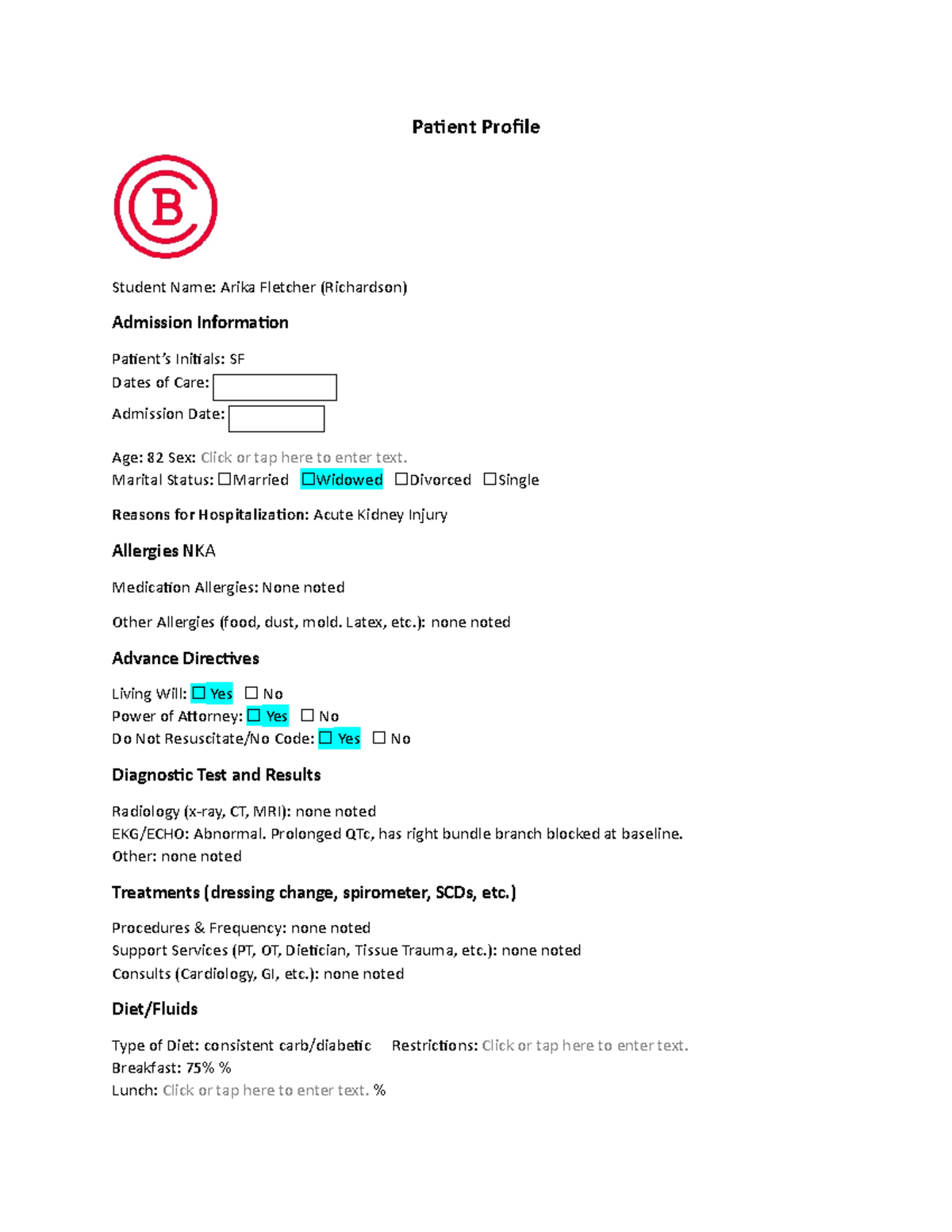 02:09:2023 Patient Profile - Patient Profile Student Name: Arika ...