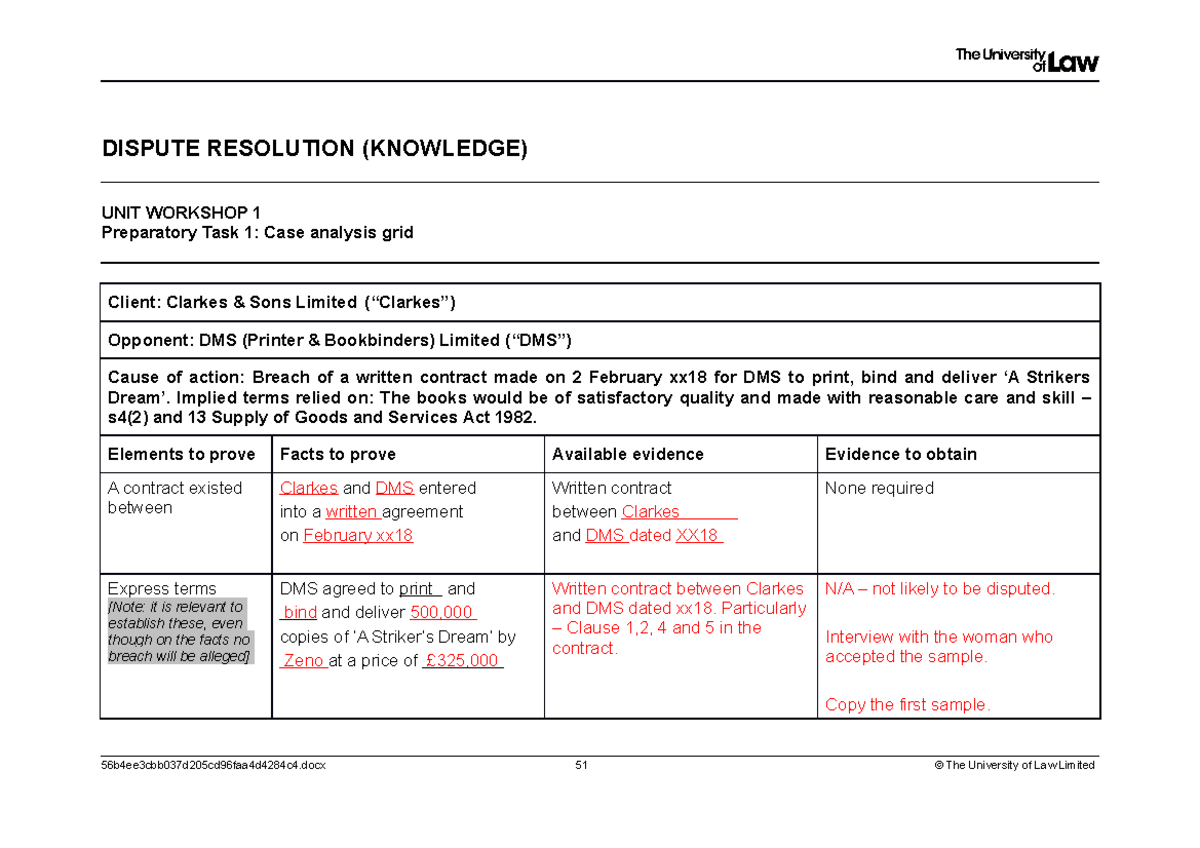 WS1 case analysis grid - WS Material - DISPUTE RESOLUTION (KNOWLEDGE ...