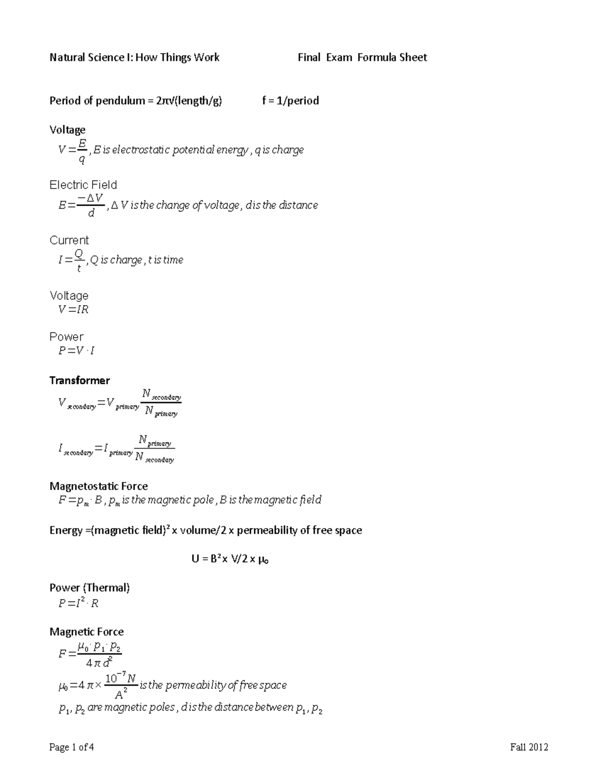 HTW final formula sheet - Natural Science I: How Things Work Final Exam ...