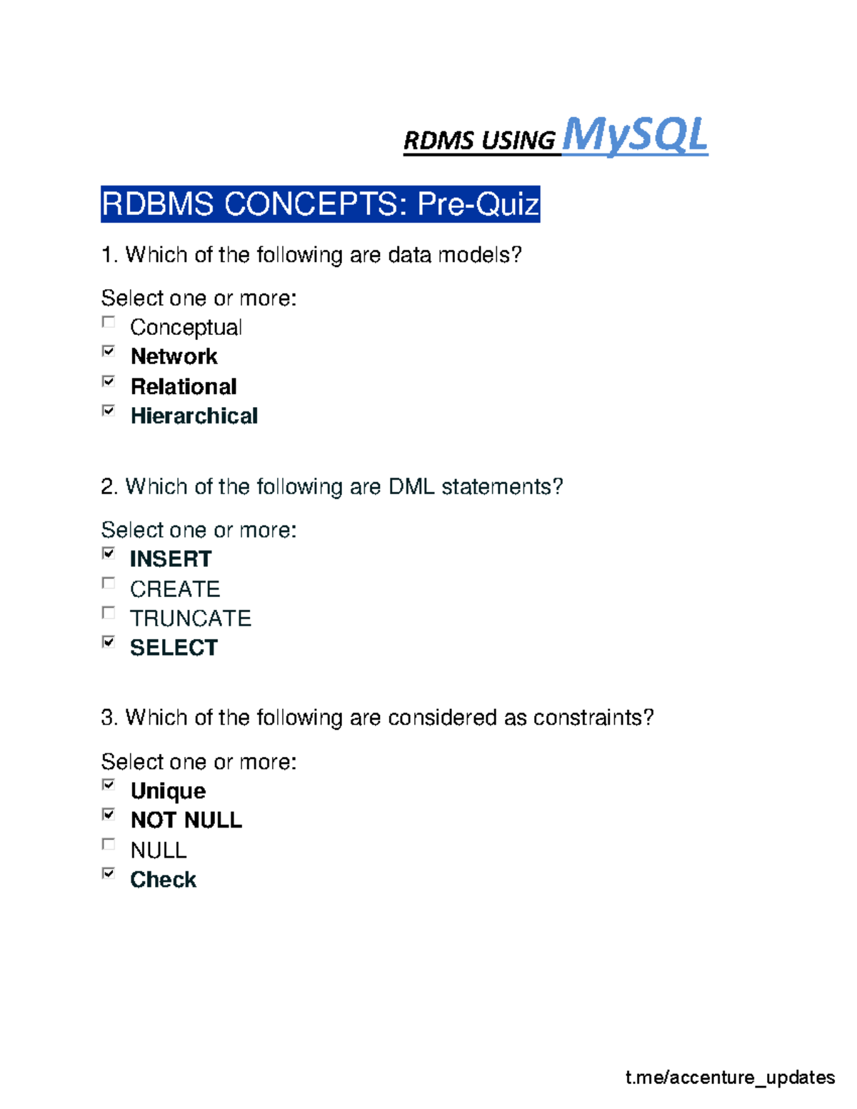 Mysql Quizz @accenture updates - RDMS USING MySQL RDBMS CONCEPTS: Pre ...
