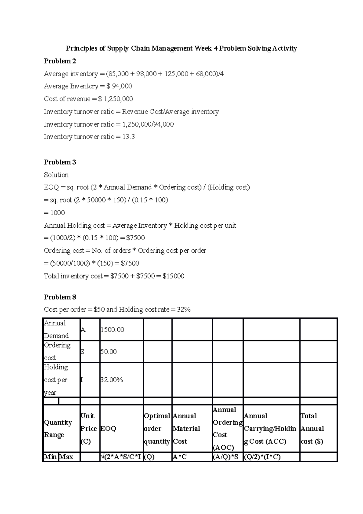 Principles of Supply Chain Management Week 4 Problem Solving Activity - Problem 3 Solution EOQ ...