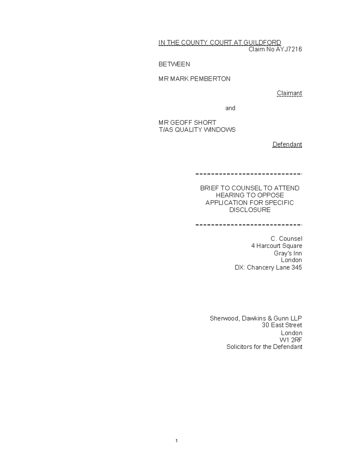 Brief to Counsel for D in Specific Disclosure Application - LBM603 - 1 ...