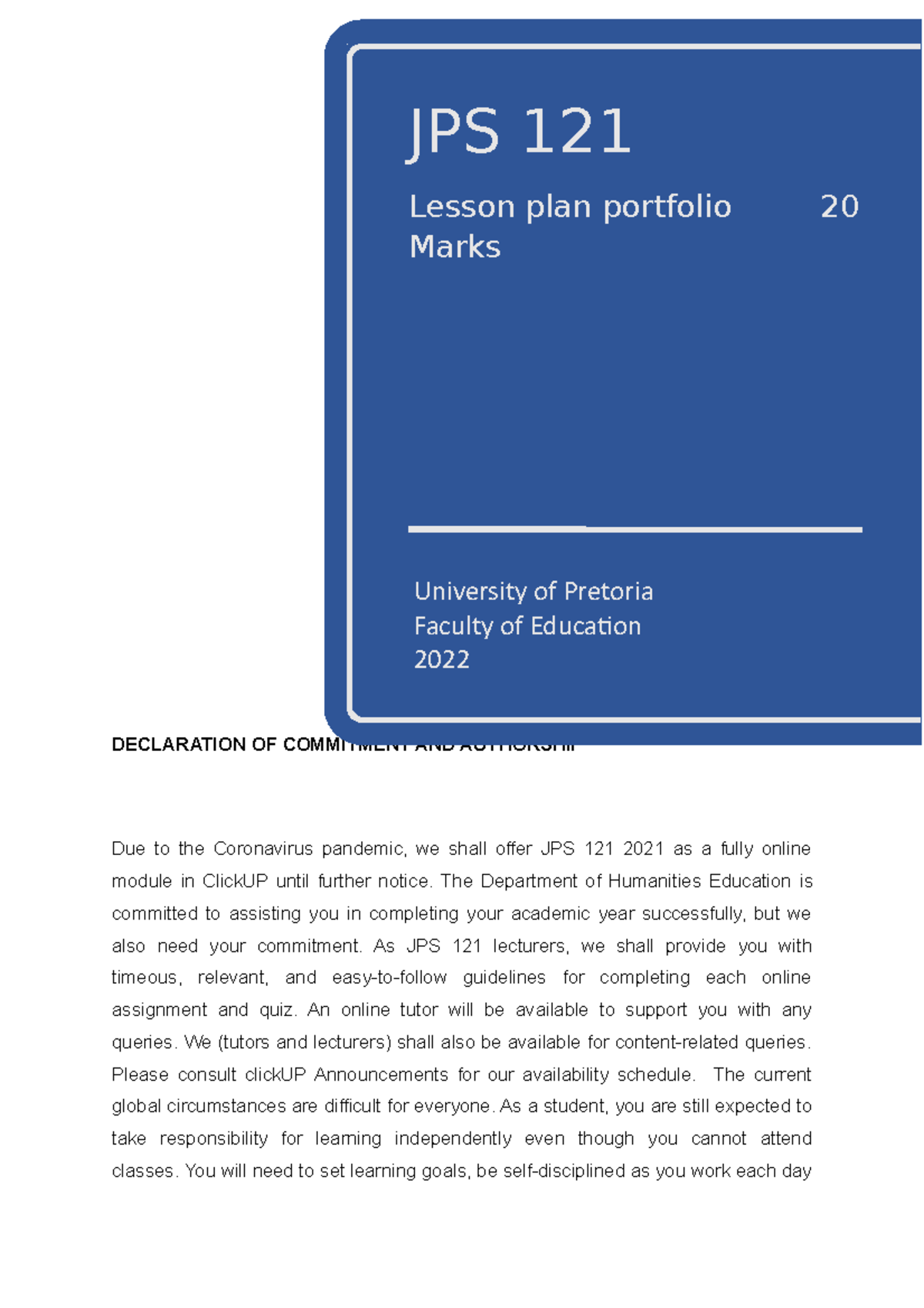 JPS 121 Lesson Plan Portfolio(3) - DECLARATION OF COMMITMENT AND ...