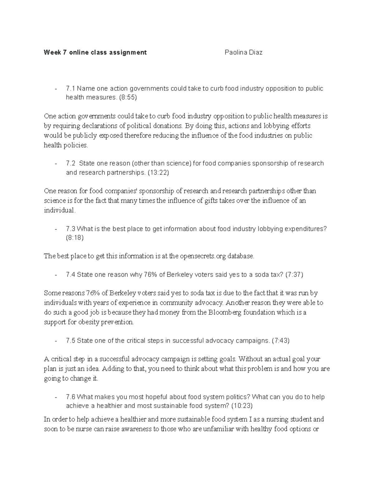 Week 7 Life Style Class pdf - Week 7 online class assignment Paolina Diaz - 7 Name one action ...