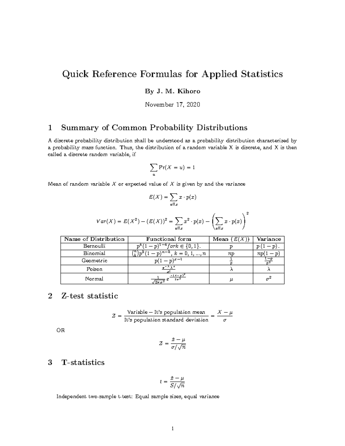 Quickreferenceformulantables - Applied statistics with computing - Studocu