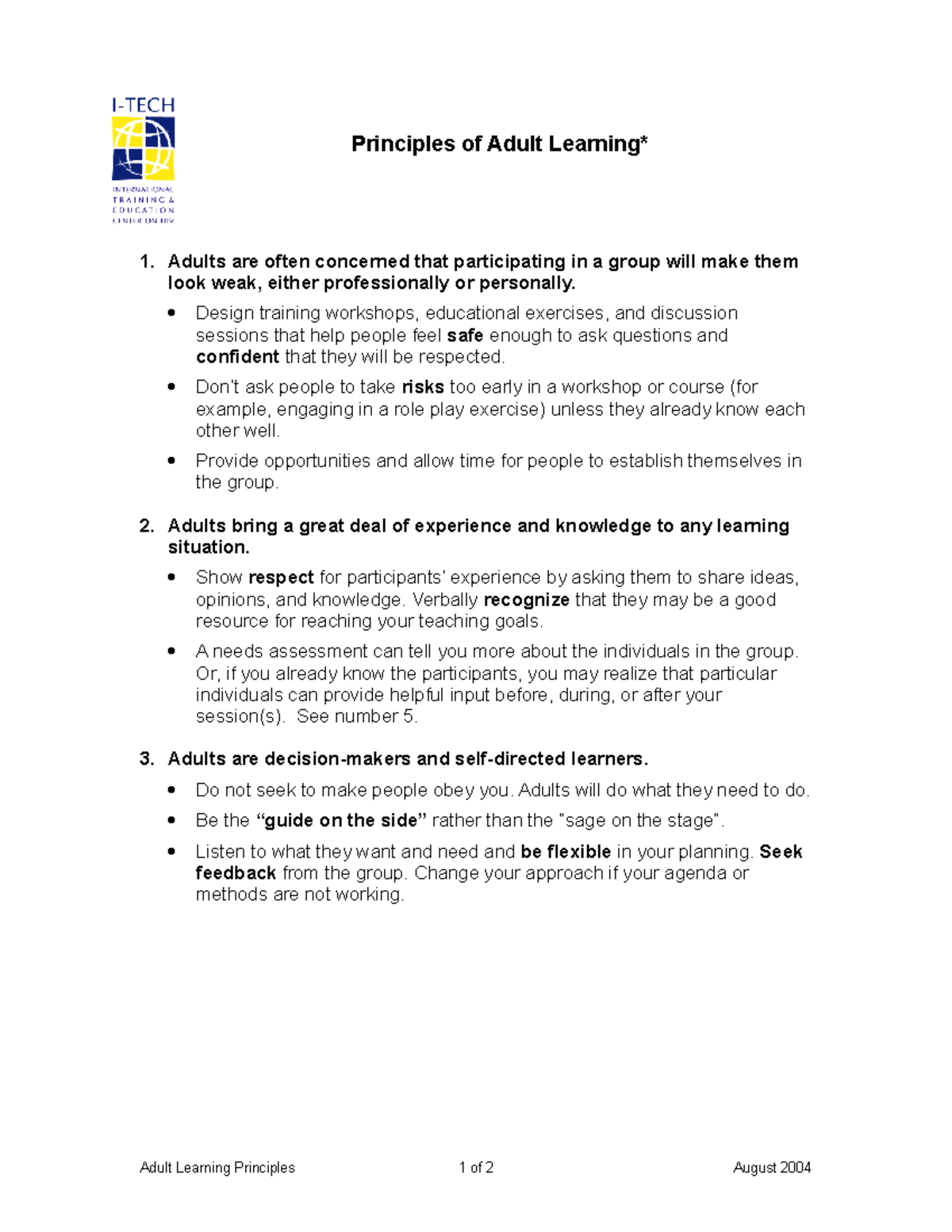 Princip Adult Lrng - Principles of Adult Learning* 1. Adults are often ...
