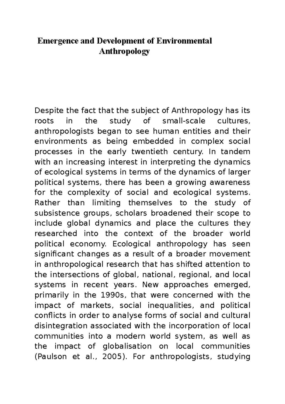 Emergence and Development of Environmental Anthropology - Emergence and ...