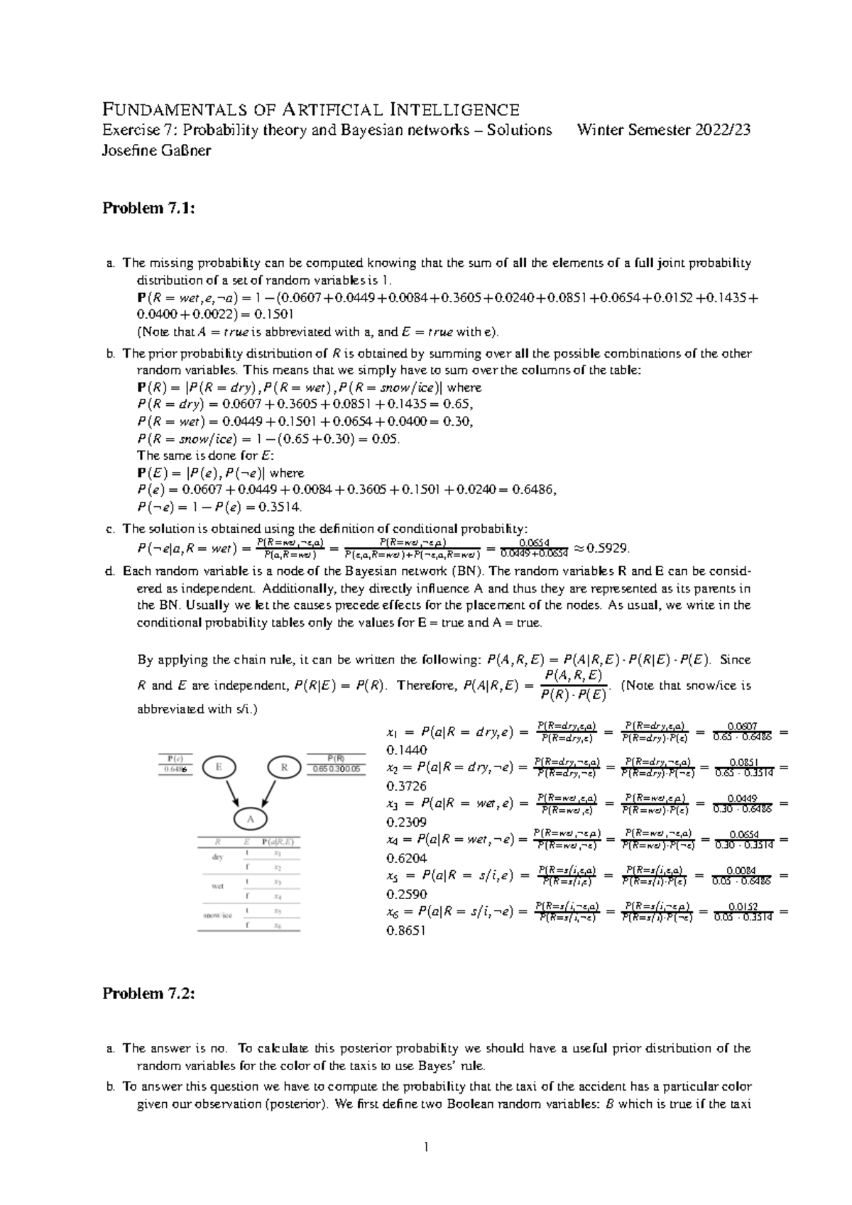 Exercise 7 solutions - FUNDAMENTALS OF ARTIFICIAL INTELLIGENCE Exercise ...