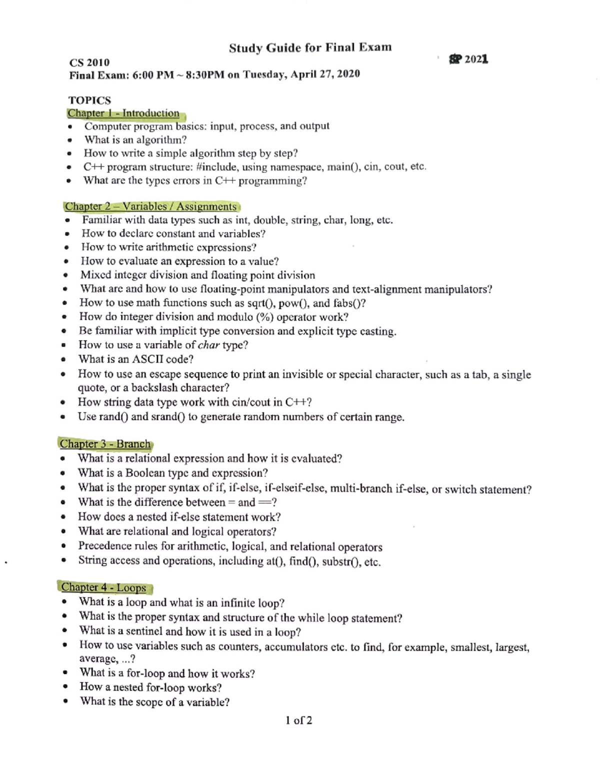 CS 2010 Final Exam Study Guide - CS2010 - Studocu