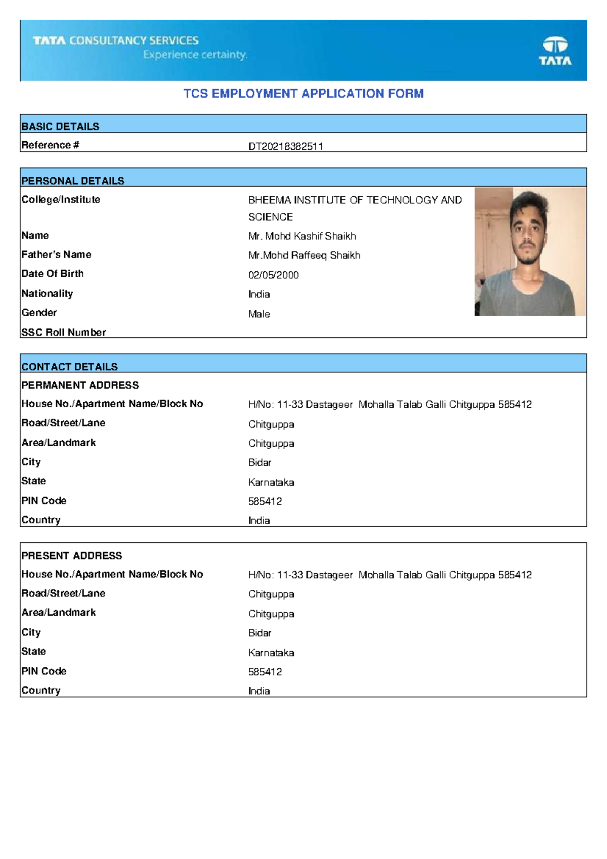 Kashif. tcs - Paricular Application form filling for prospective - TCS ...
