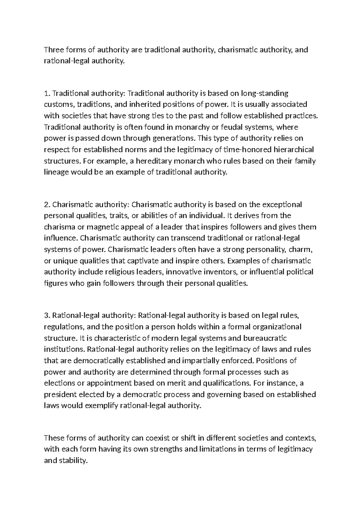 Three forms of authority are traditional authority - Traditional ...