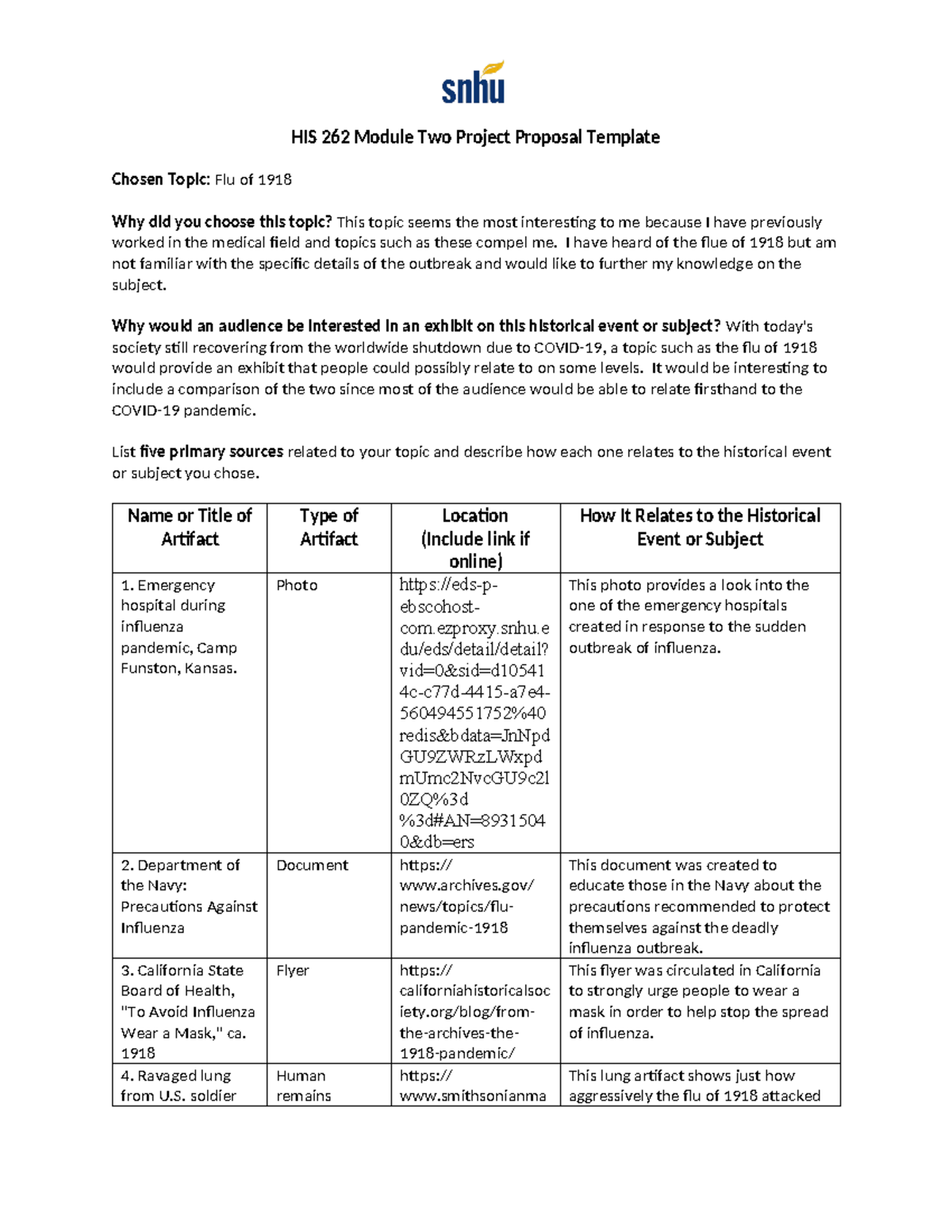 His 262 Module Two Project Proposal - I have heard of the flue of 1918 ...