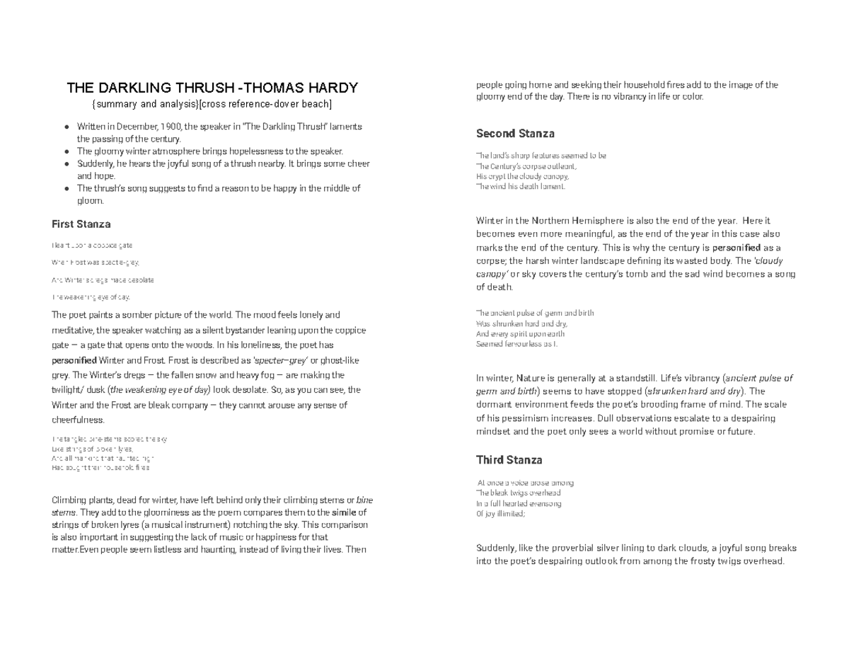 Eng lit notes - THE DARKLING THRUSH -THOMAS HARDY {summary and analysis ...