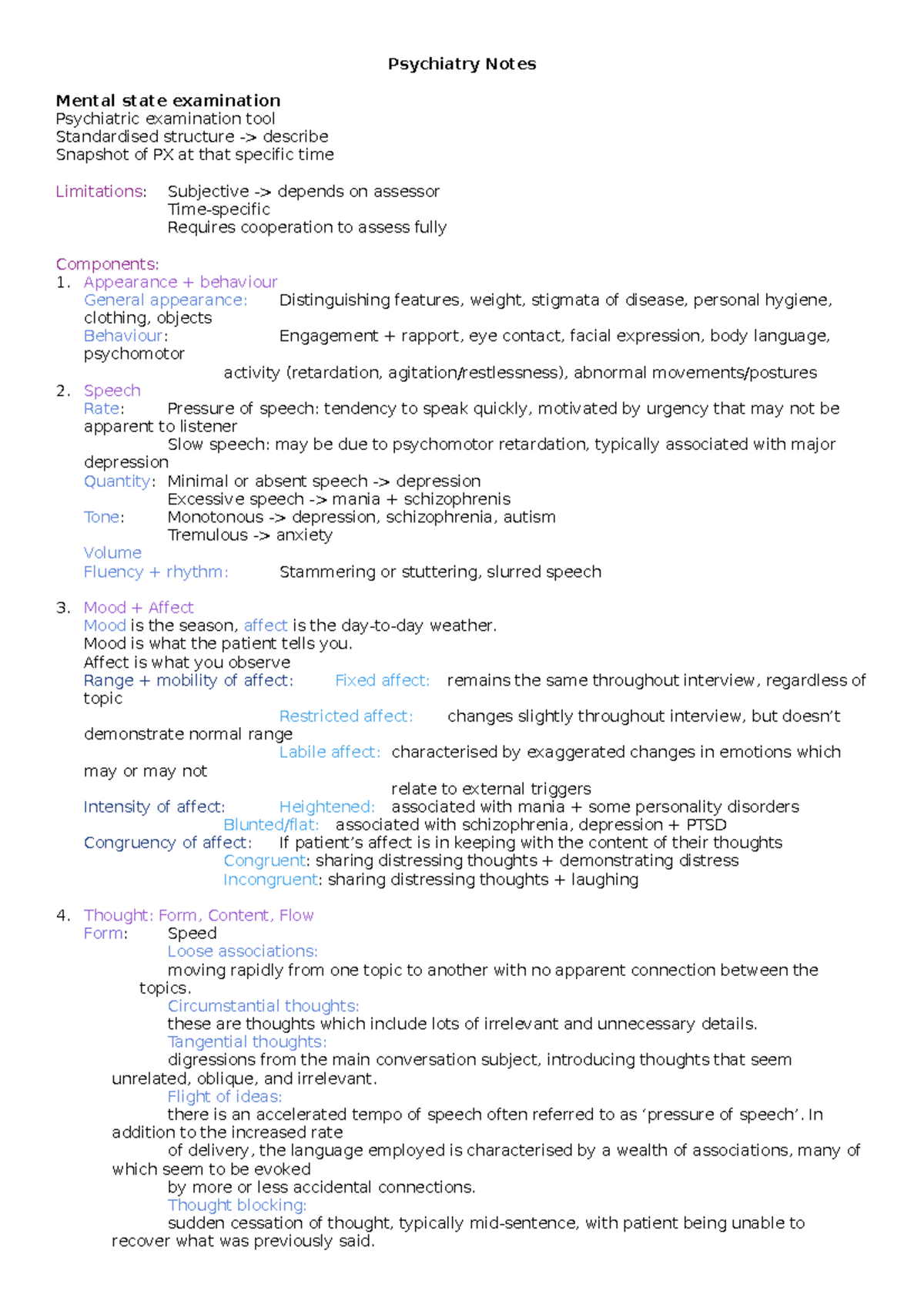 Psychiatry PDF - psych notes - Psychiatry Notes Mental state ...