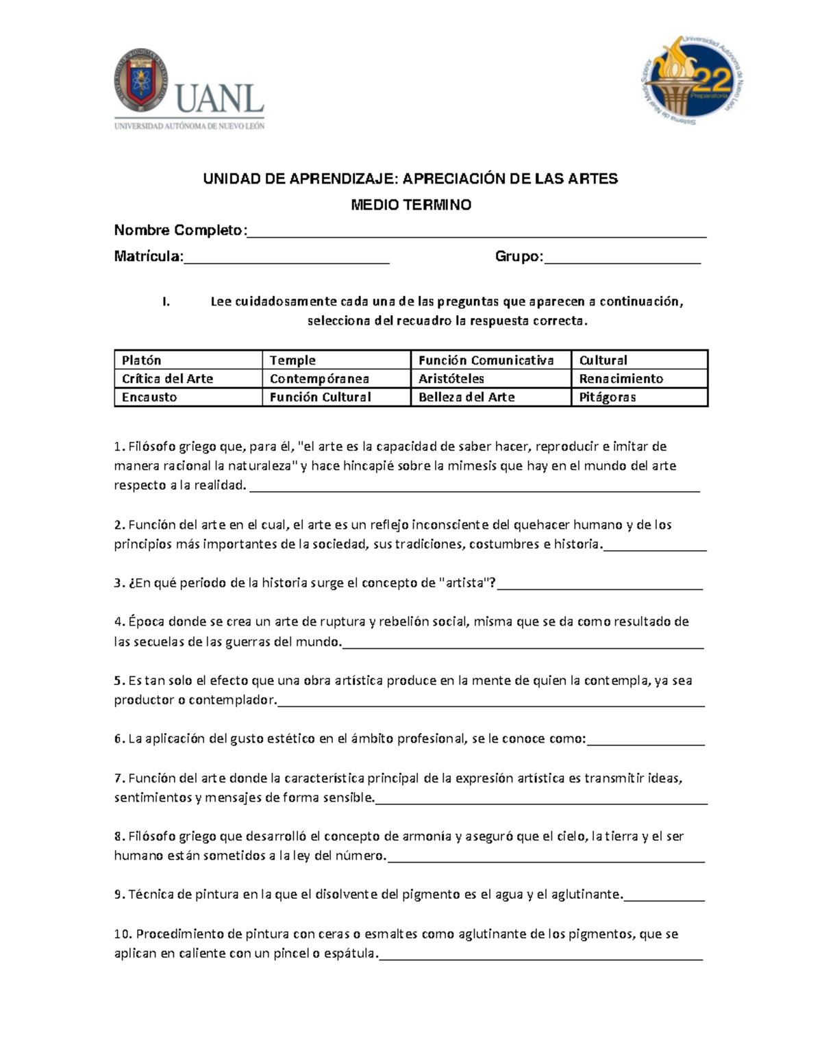 GUIA Medio Termino - UNIDAD DE APRENDIZAJE: APRECIACIÓN DE LAS ARTES ...