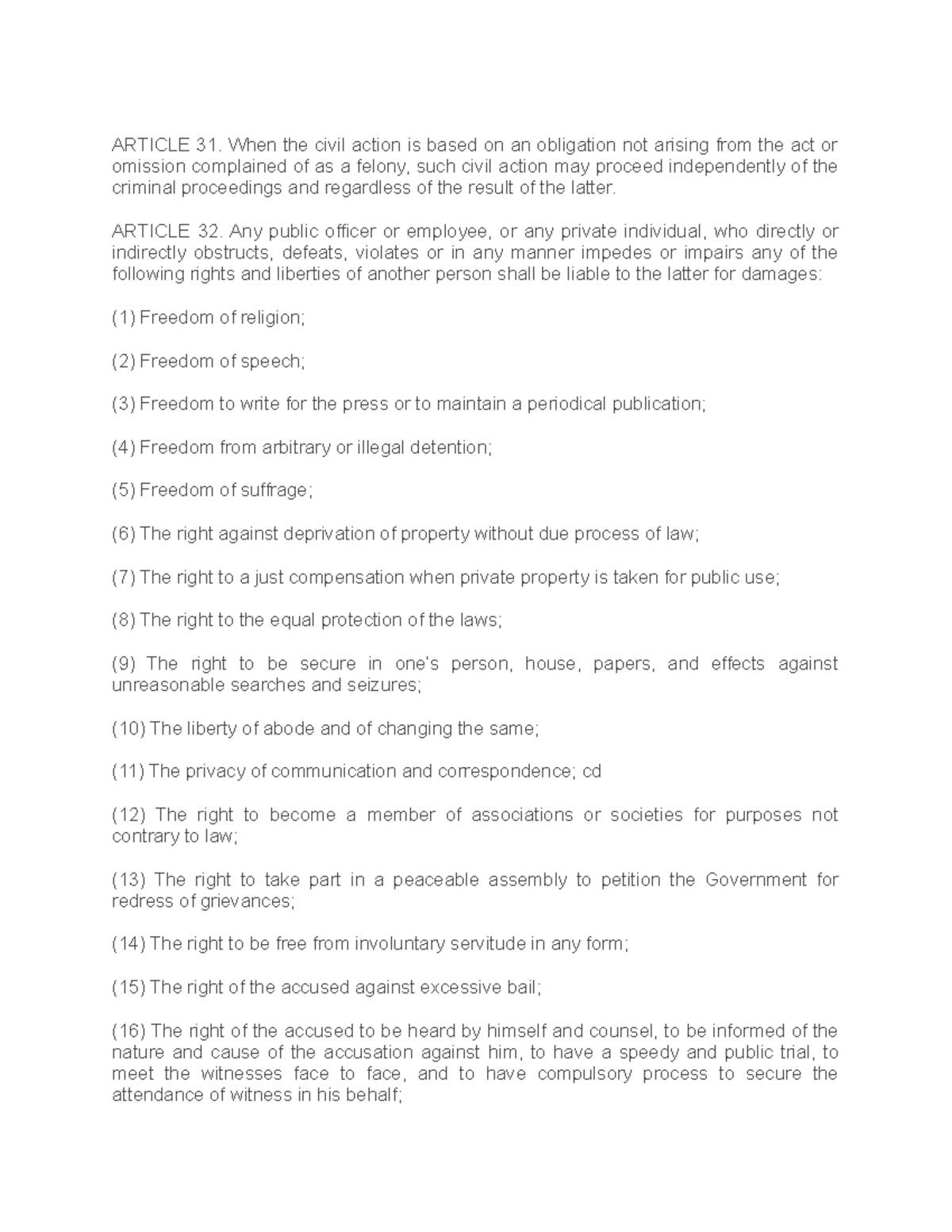 Article 31 - civil law - ARTICLE 31. When the civil action is based on ...