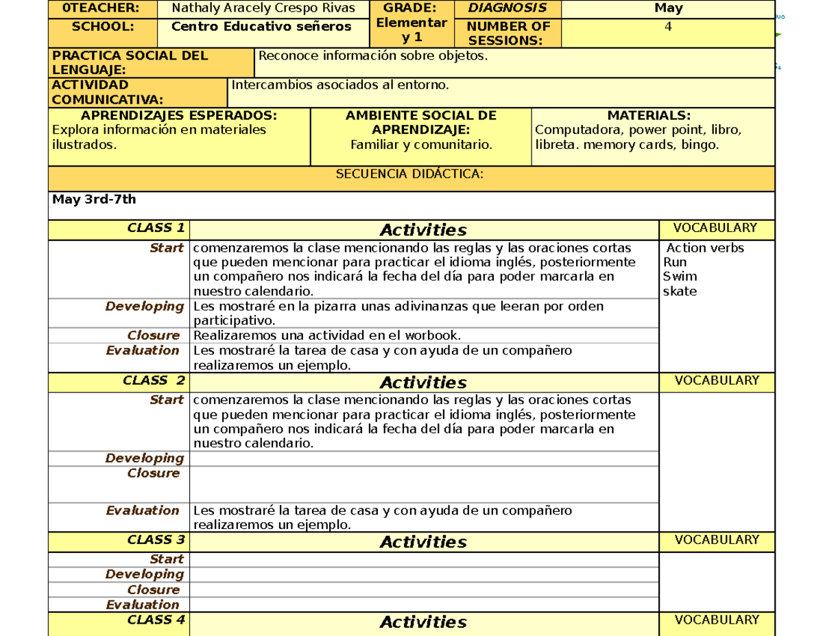 PLANEACIONES INGLÉS MAy 3rd-7th U8 Ele1 - 0TEACHER: Nathaly Aracely ...