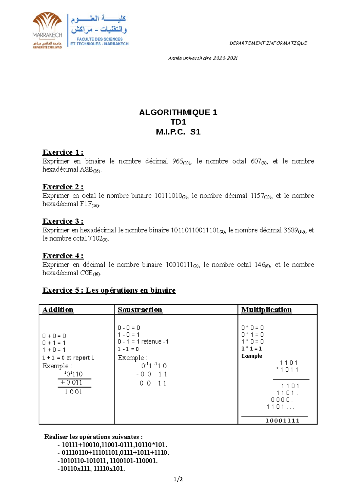 TD1 - TD1 - DEPARTEMENT INFORMATIQUE Année universitaire 2020- ALGORITHMIQUE 1 TD M.I.P. S ...