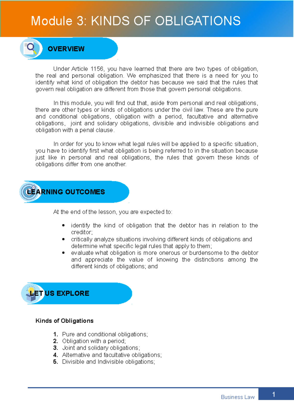 Module 3 Kinds of Obligations - Under Article 1156, you have learned ...