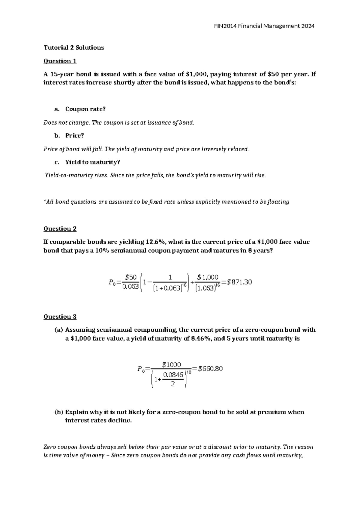 FIN2014 Tutorial 2 Solutions - Tutorial 2 Solutions Question 1 A 15 ...