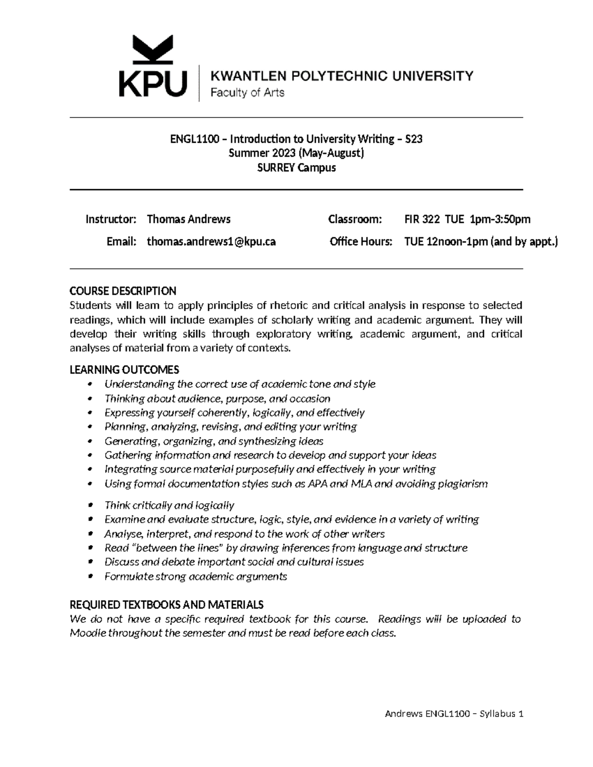 Andrews.T Intro to University Writing ENGL1100 - ENGL1100 ...