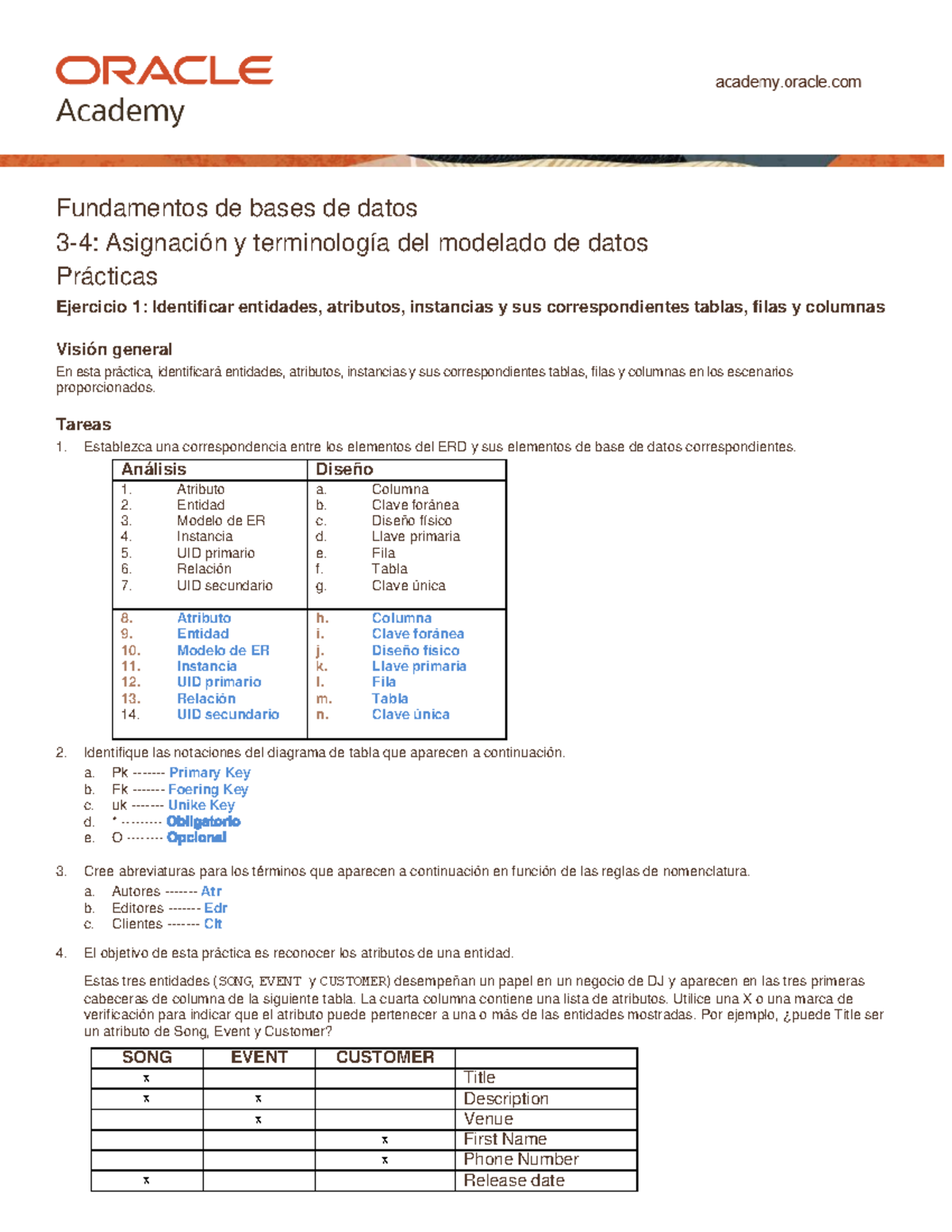 DFo 3 4 Practice esp - DFo 3-4 Incomplete - Fundamentos de bases de datos 3-4: Asignación y ...
