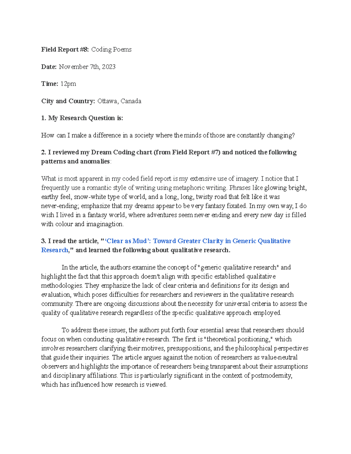 Field Report #8 Coding Poems - Field Report #8: Coding Poems Date ...