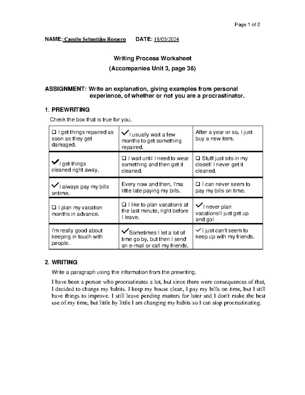 UNIT 03 Writing - Trabajo de guia - Page 1 of 2 NAME: Camilo Sebastián ...