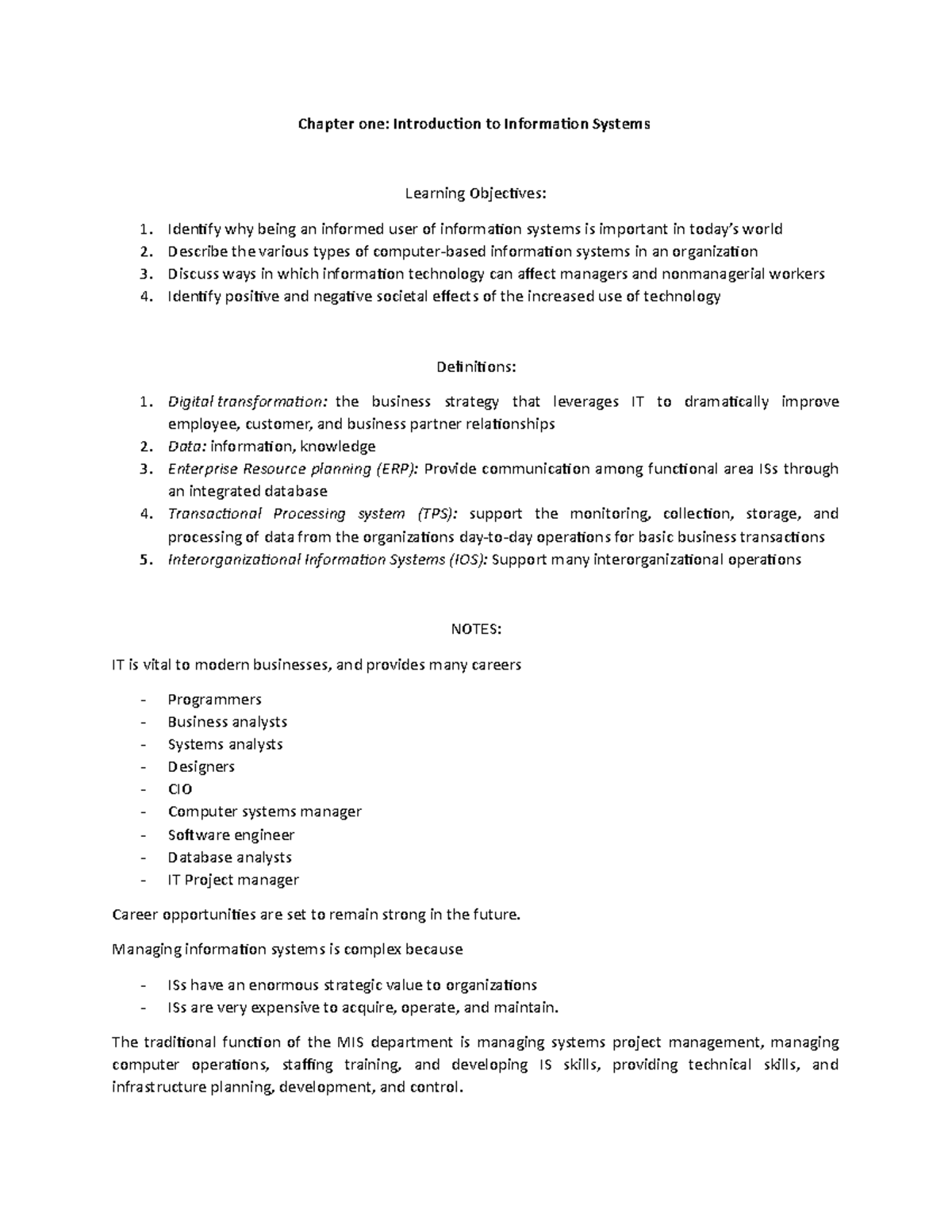 Cmis Ch 1 Chapter One Introduction To Information Systems Learning Objectives Identify Why