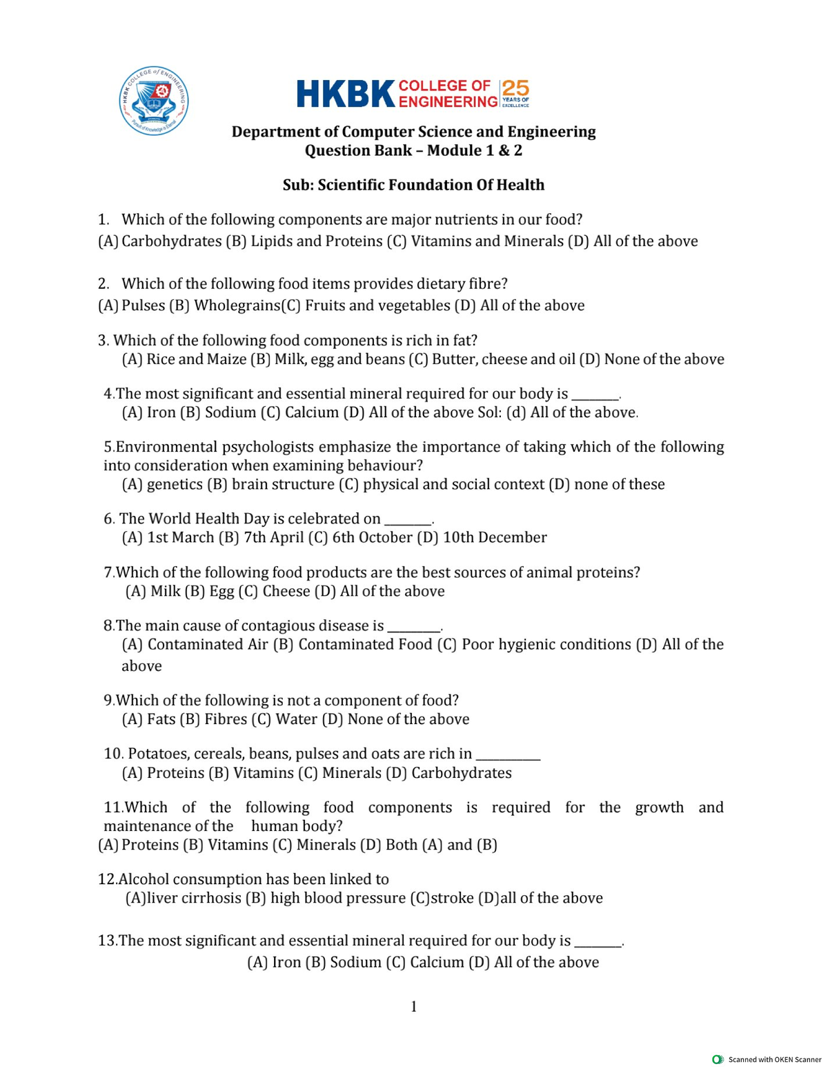 Question Bank - sfh - Scientific Foundations of Health - Studocu