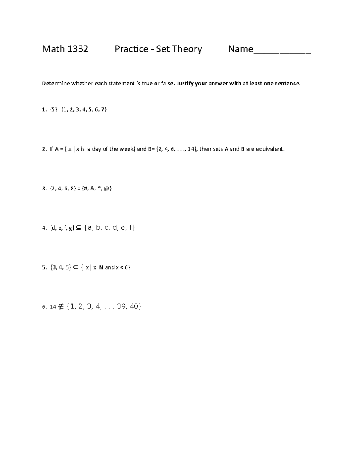 Set Theory Practice Worksheet - Math 1332 Practice - Set Theory Name ...