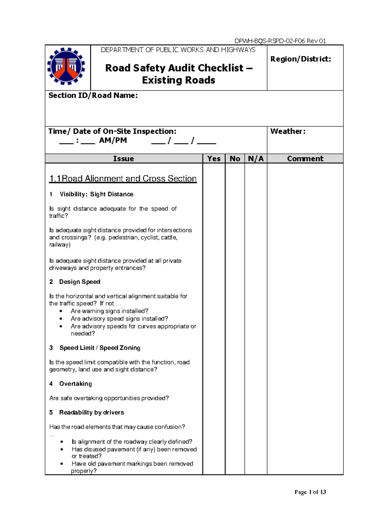 RSA Checklist Stage 6-ER - DEPARTMENT OF PUBLIC WORKS AND HIGHWAYS Road ...