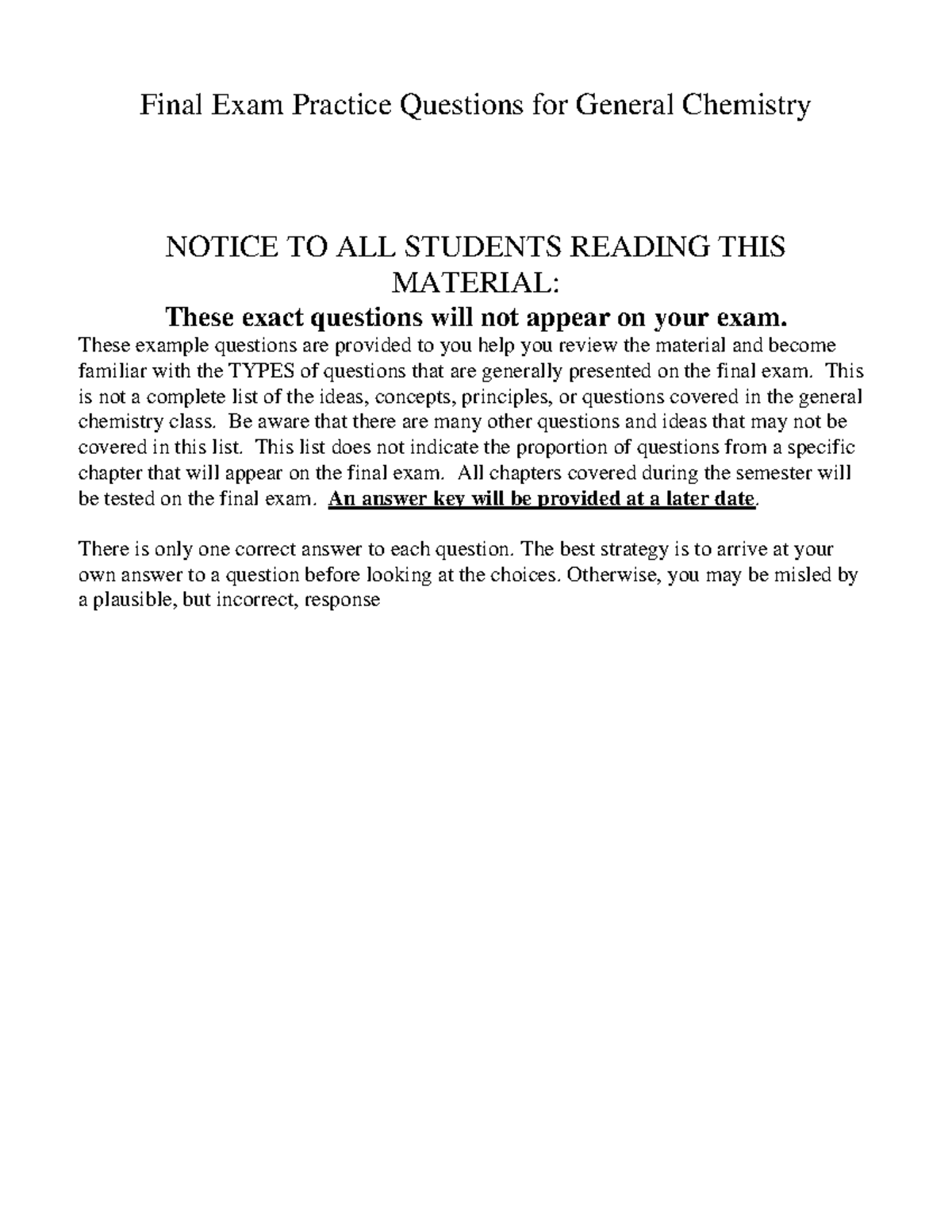 Final Exam Practice - These example questions are provided to you help ...