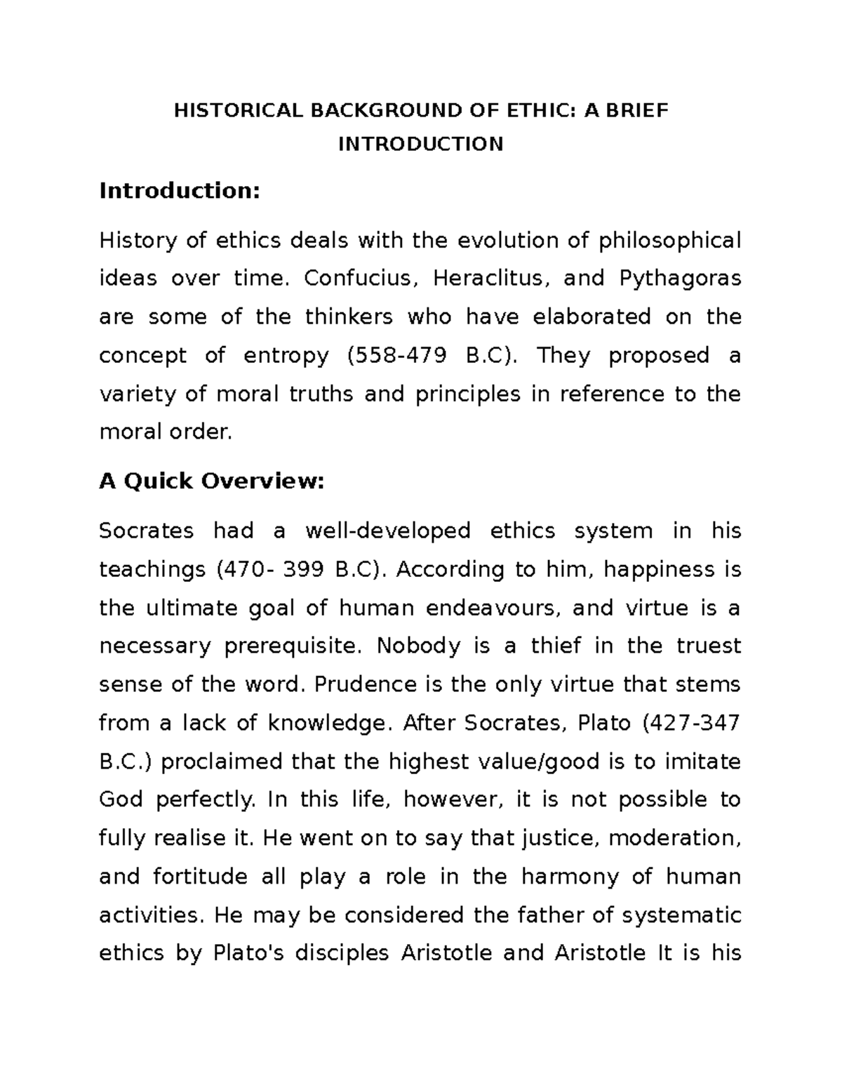 Historical Background OF Ethic - HISTORICAL BACKGROUND OF ETHIC: A ...