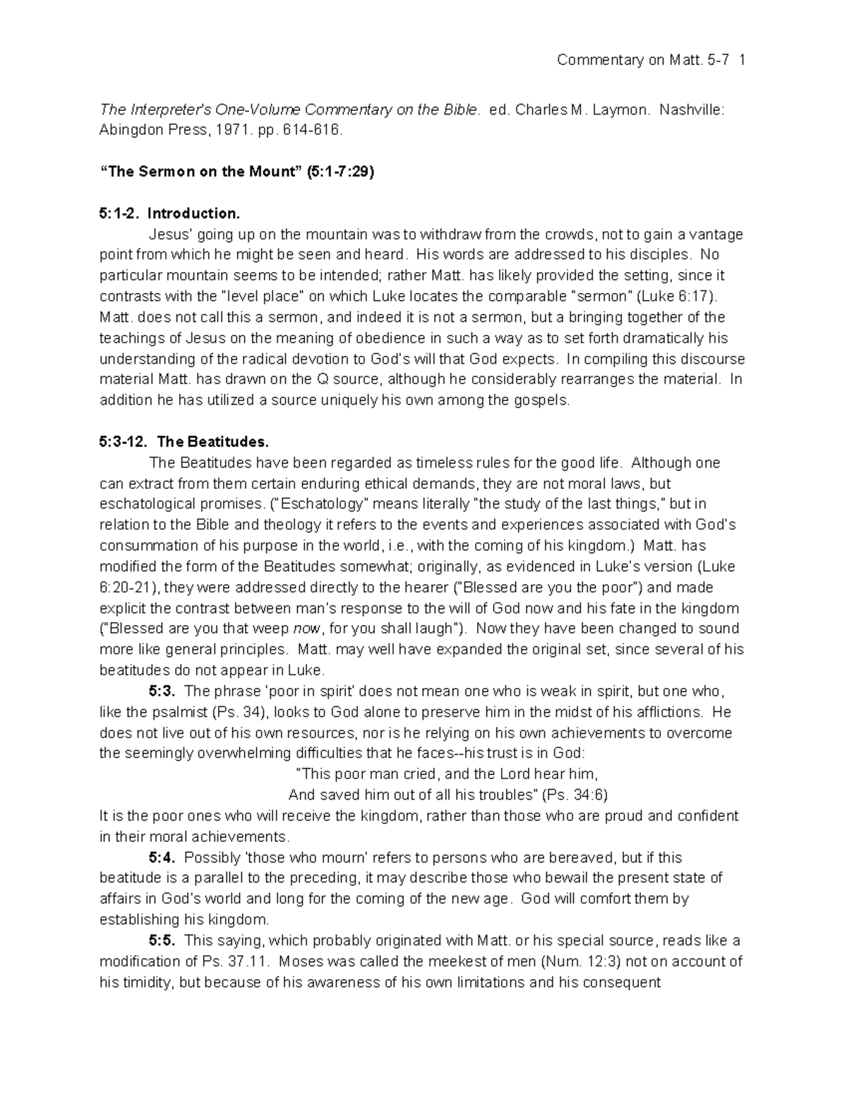 Int. Bible Commentary, Matt. 5 - The Interpreter’s One-Volume ...
