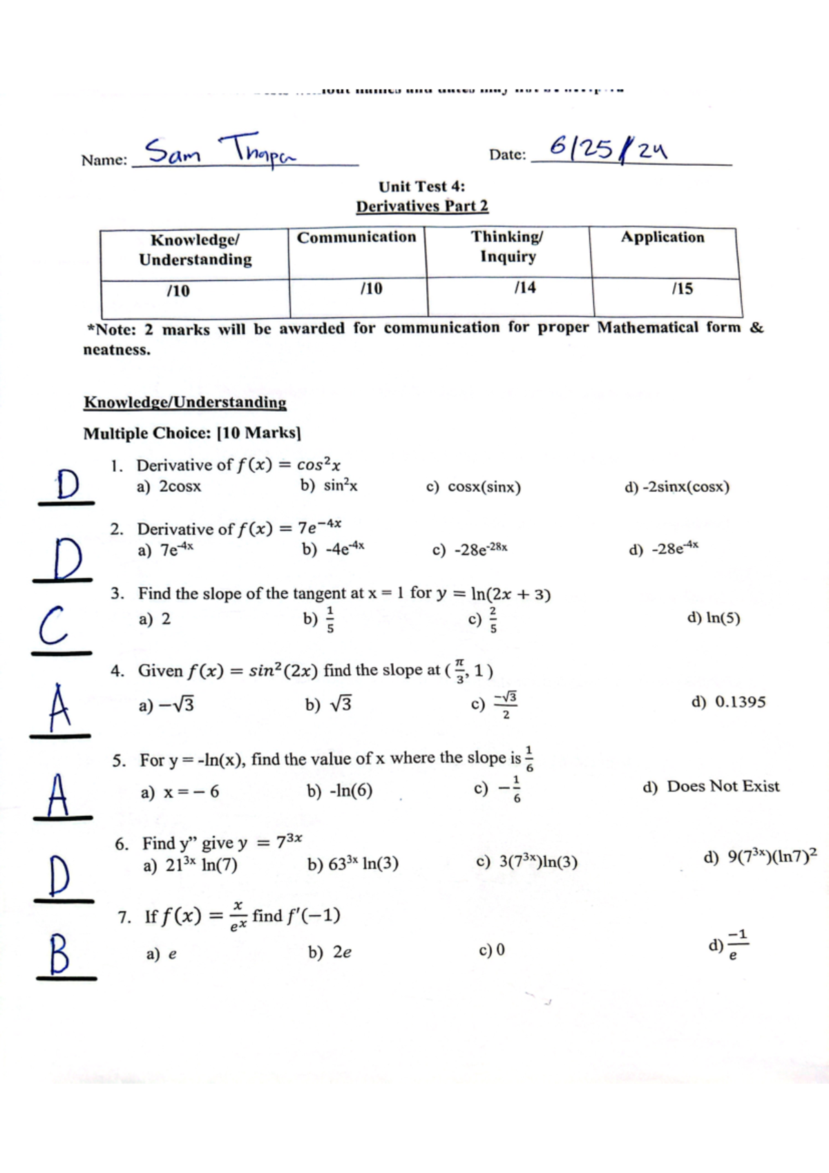 Calc Test 4 - Practice/Mock Test for Calculus Test #4 - Name: Sam Trapa ...