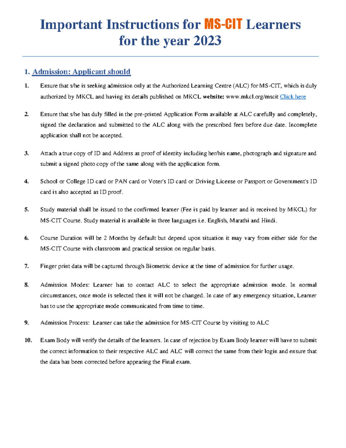 Important Instructions to MS-CIT Learners for Year 2023 - Important ...